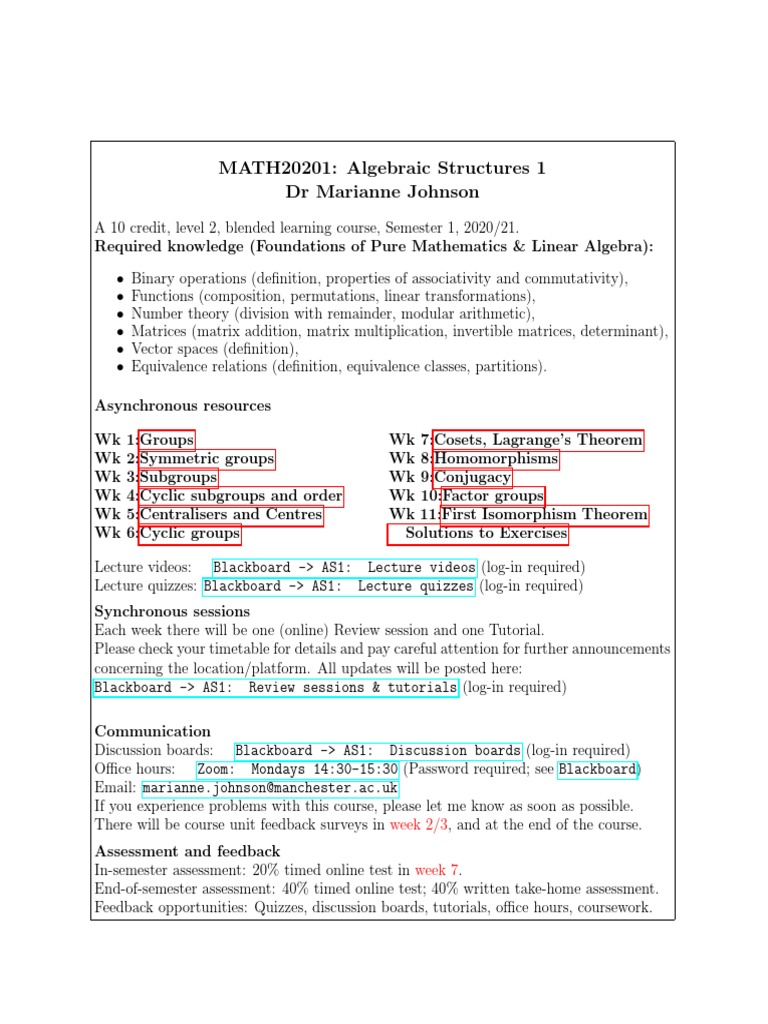 MATH20201: Algebraic Structures 1 DR Marianne Johnson: Week 2/3 | PDF | Group (Mathematics ...
