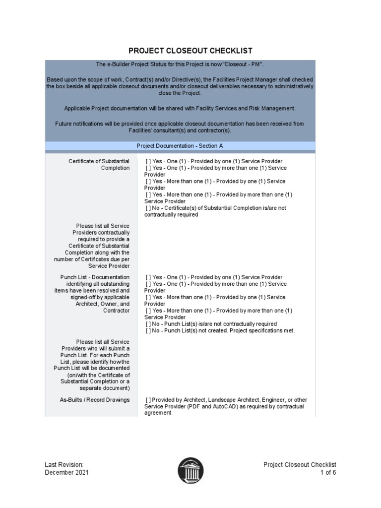 01 - X - Appendix 1-C - Project Closeout Checklist | PDF | Architect