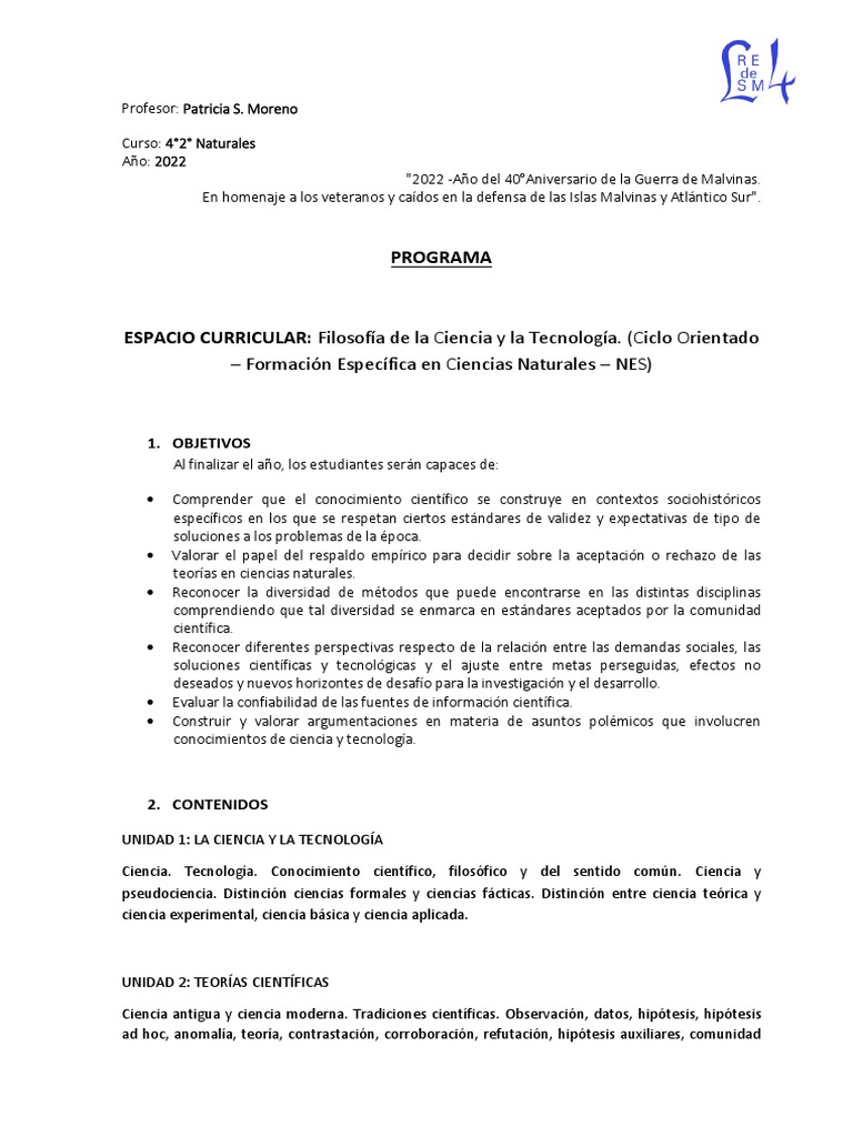 Programa 4to Año FCyT CO FE NES - 2022 | PDF | Science | Teoría