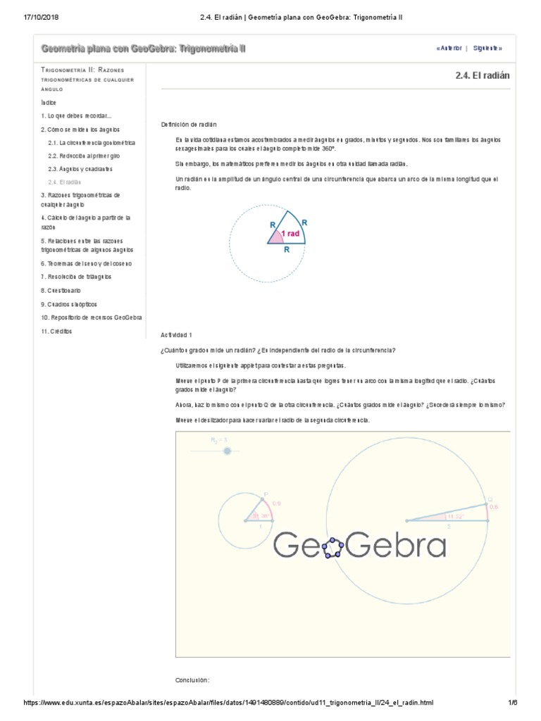 Geometría Plana Con Geogebra: Trigonometría Ii: 2.4. El Radián | PDF | Ángulo | Trigonometría