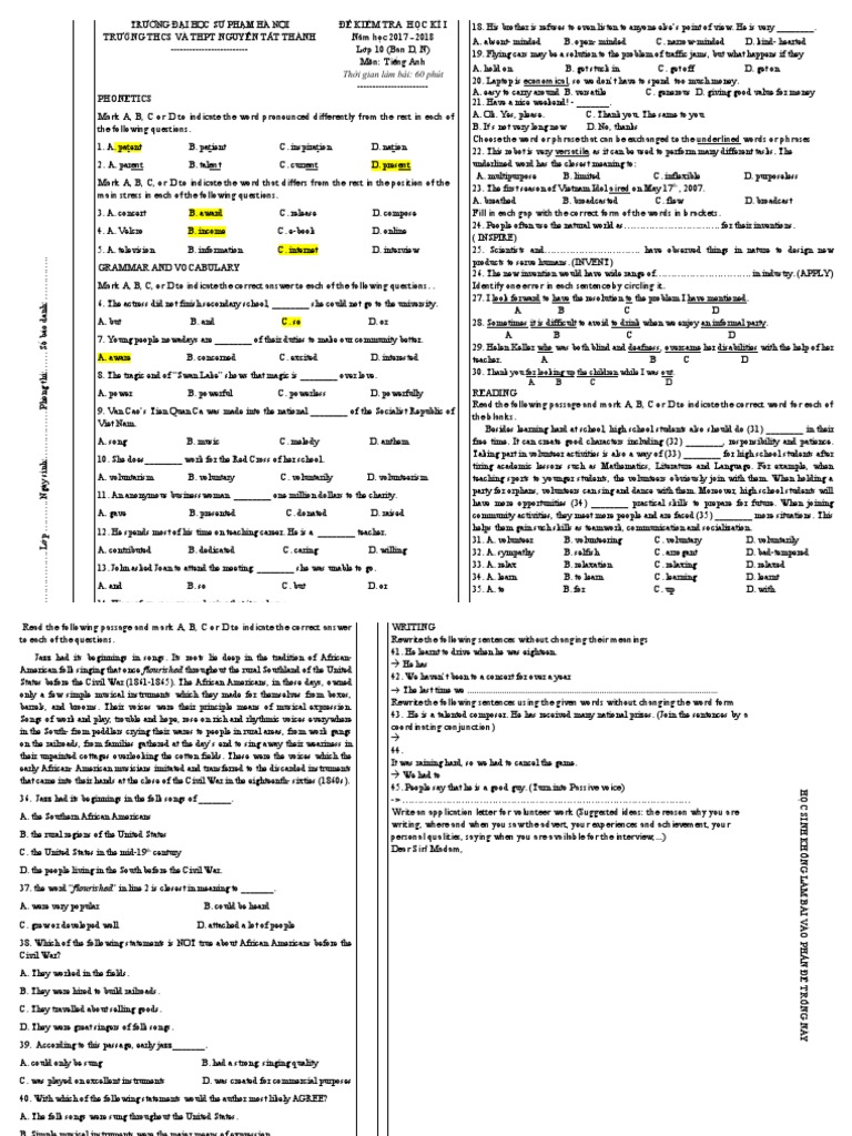 E.10 - KTRA HK1 - Anh 10 NTT (Ban D) | PDF | Volunteering