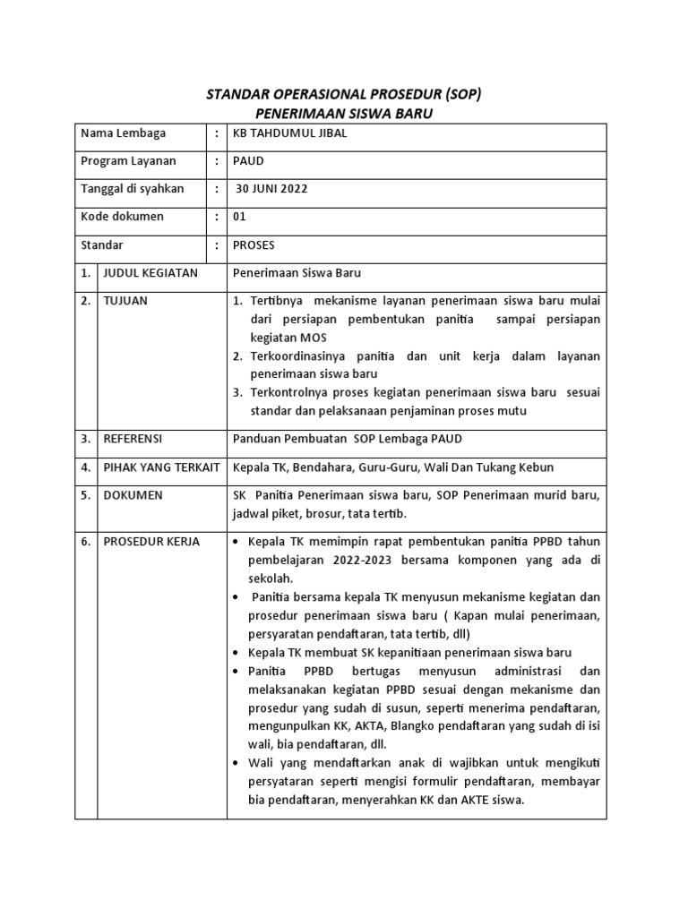 Sop Penerimaan Siswa Baru | PDF