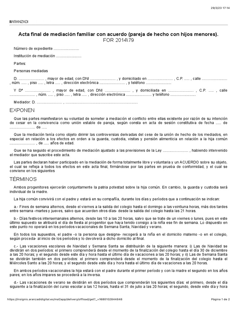 Acta Final de Mediación Familiar Con Acuerdo (Pareja de Hecho Con Hijos Menores) - Aranzadi ...