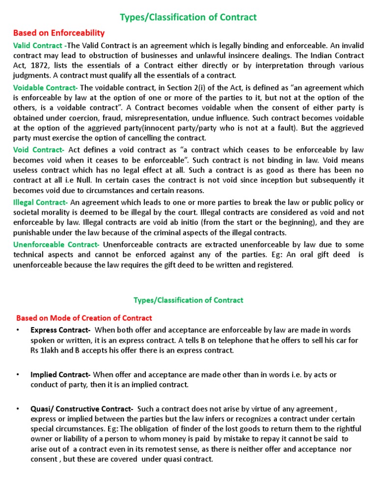 Classification of Contract | PDF | Void (Law) | Legal Concepts