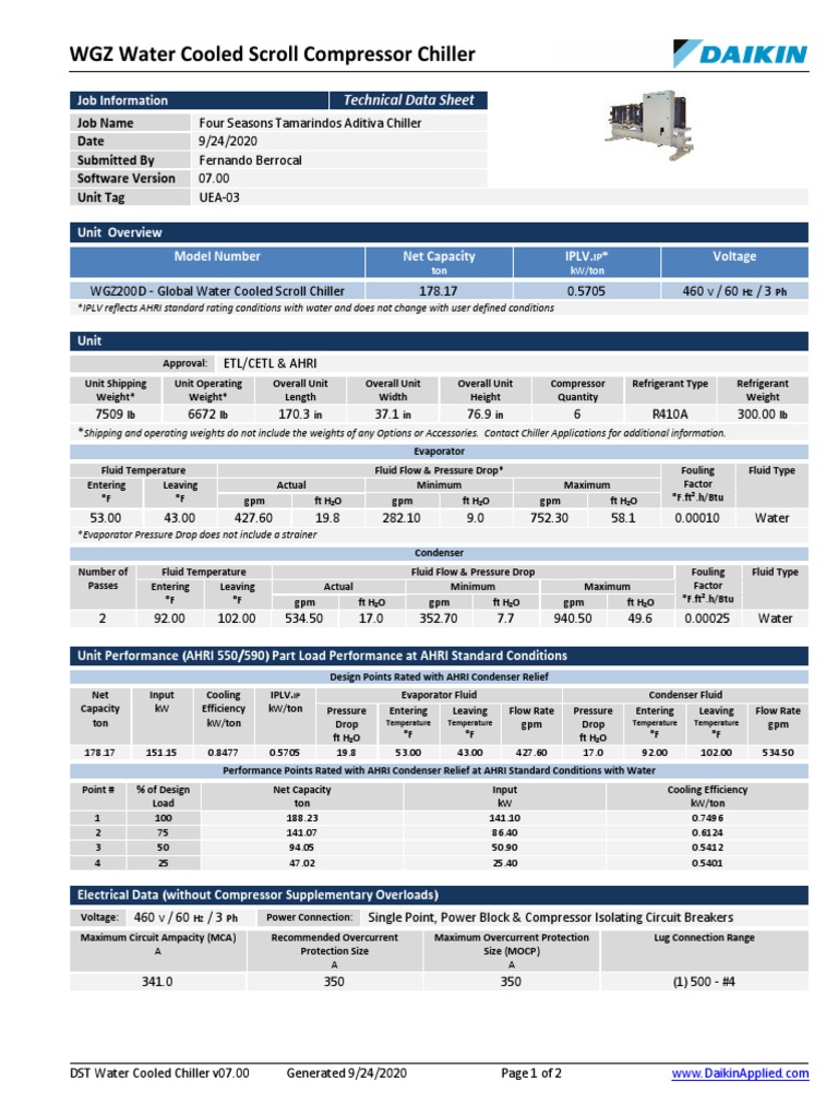 Submittal Chiler 205 TR | PDF | Physical Quantities | Electrical ...
