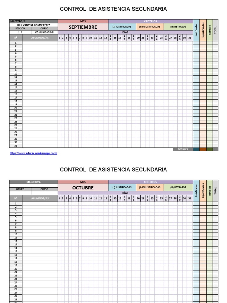 Septiembre: Control de Asistencia Secundaria | PDF