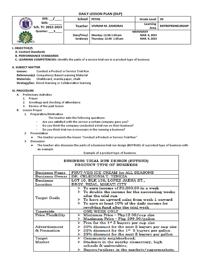 Entrep 10 q3 WK 4 | PDF | Teachers | Lesson Plan