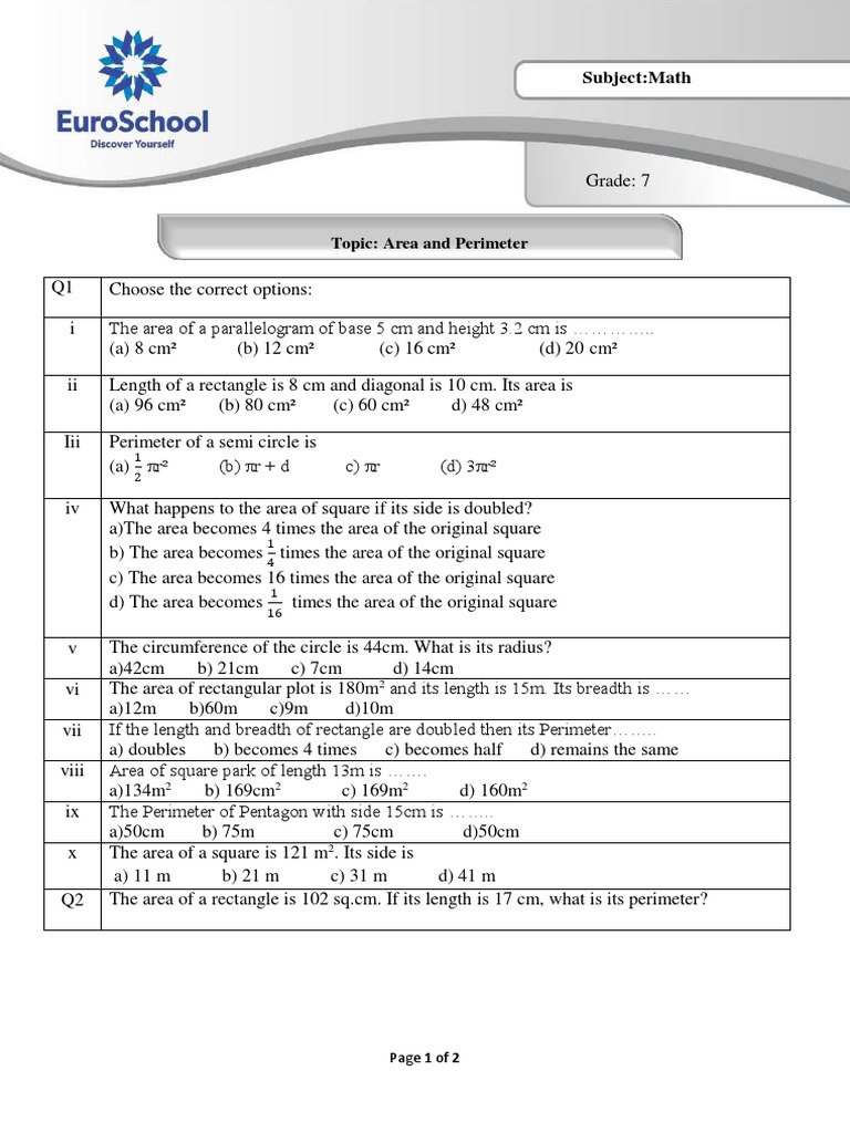 Topic: Area and Perimeter: Subject:Math | PDF | Area | Length