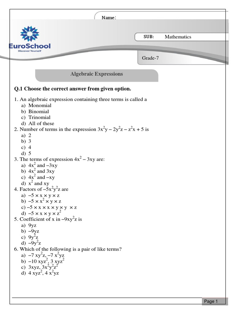Algebraic Expressions: Q.1 Choose The Correct Answer From Given Option ...