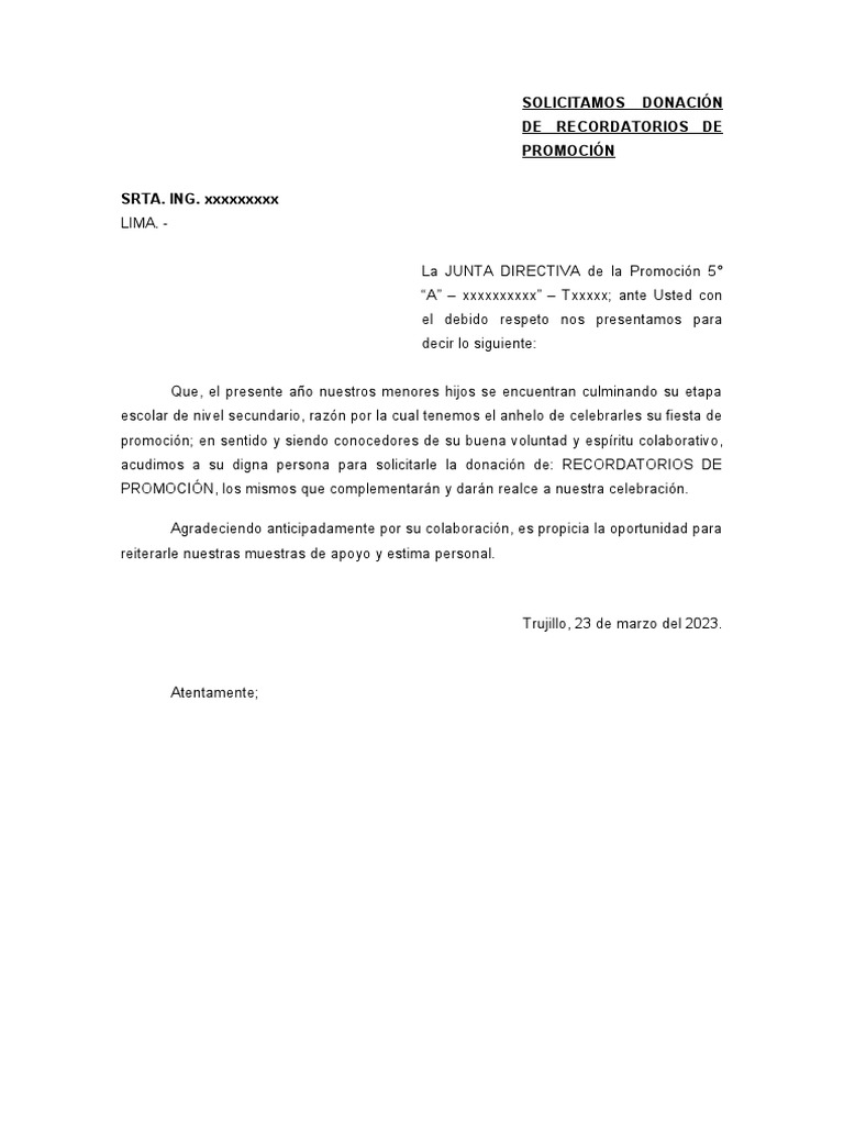 Solicitamos Donación de Recordatorios de Promoción | PDF