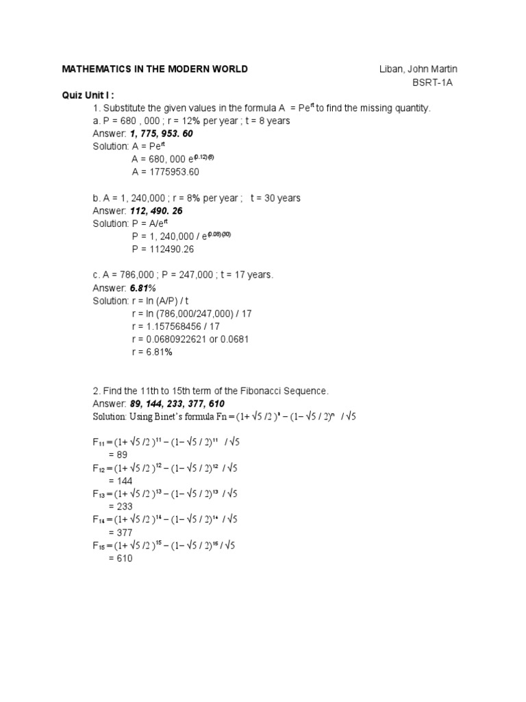Liban, John Martin Bsrt-1a Mmw-Unit 1 Quiz | PDF | Arithmetic | Combinatorics
