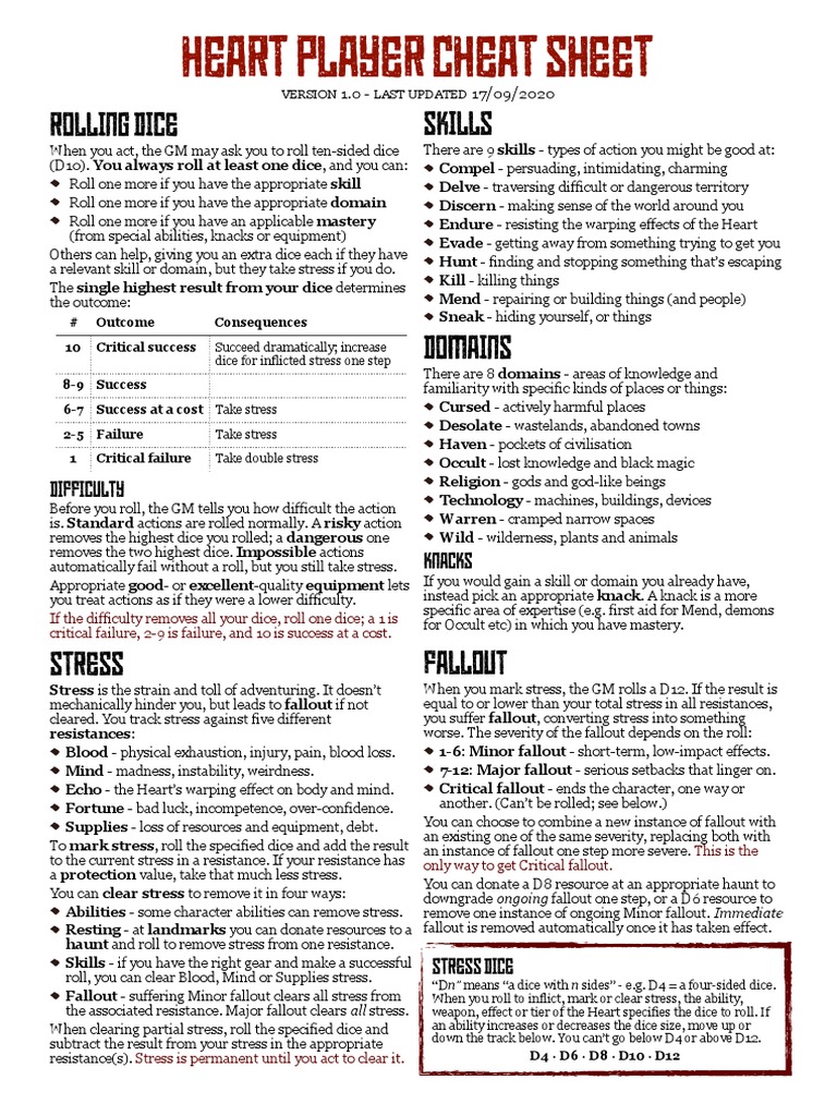Heart Player Cheat Sheet 1.0 | PDF | Dice