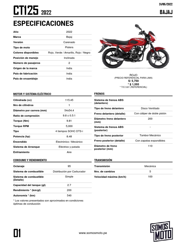 Ficha Técnica Bajaj CT 125 2022 | PDF | Tecnología de vehículos ...