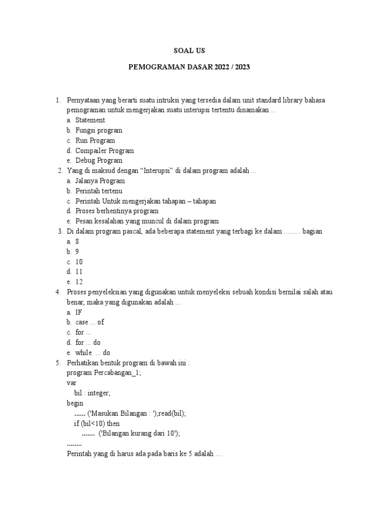 Soal Pemrograman Dasar 2022/2023 | PDF
