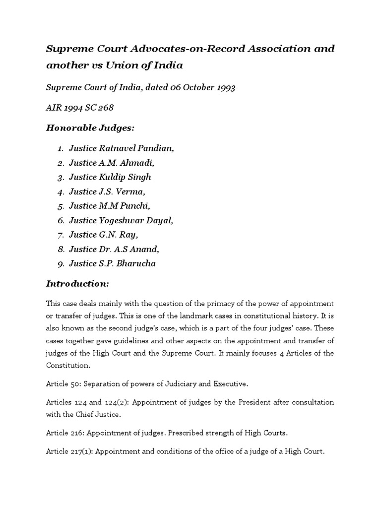 Supreme Court Advocates On Record Vs UOI | PDF | Supreme Court Of India ...