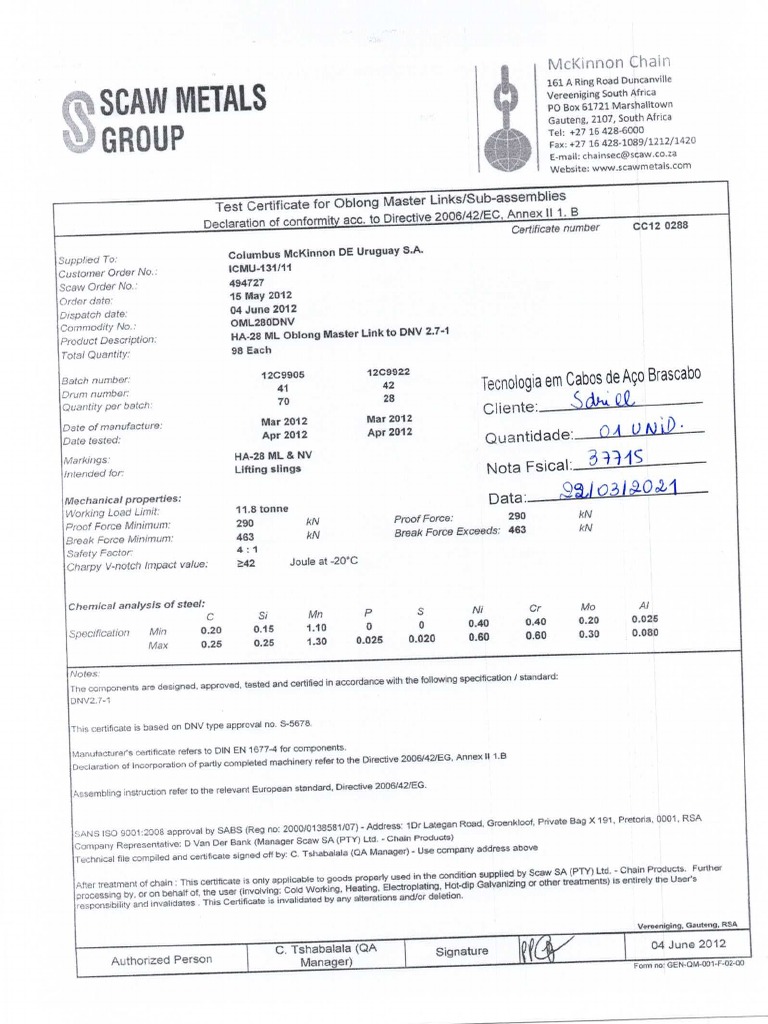 CERT CC120288 Anelão11,8T BRASCABO NF 37715 | PDF