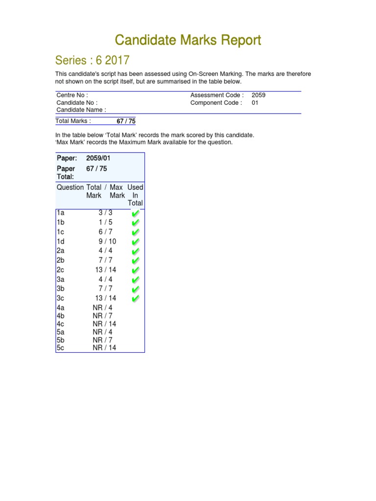 Candidate Marks Report: Series: 6 2017 | PDF