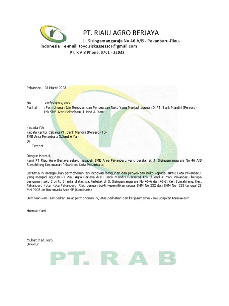 Izin Renovasi Ruko PT RAB Pekanbaru | PDF