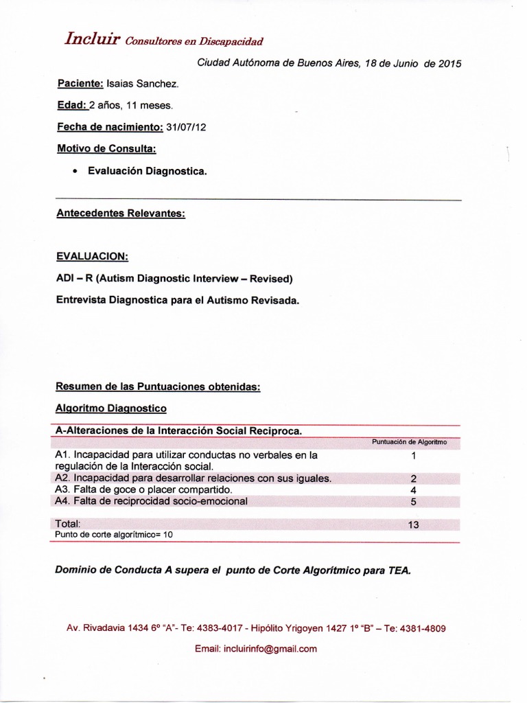 Sanchez Isaias - Test TEA Adir - Ados | PDF | Espectro autista | Sicología
