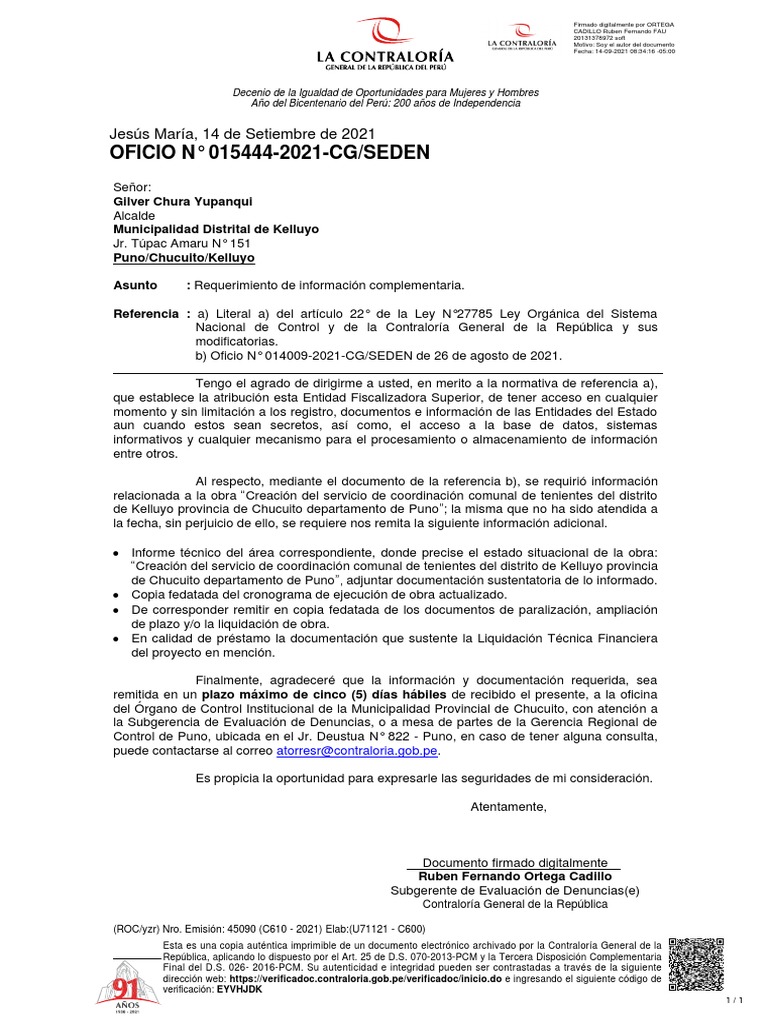 OFICIO-015444-2021-SEDEN KELLUYO Req Inf. Alex | Descargar gratis PDF ...