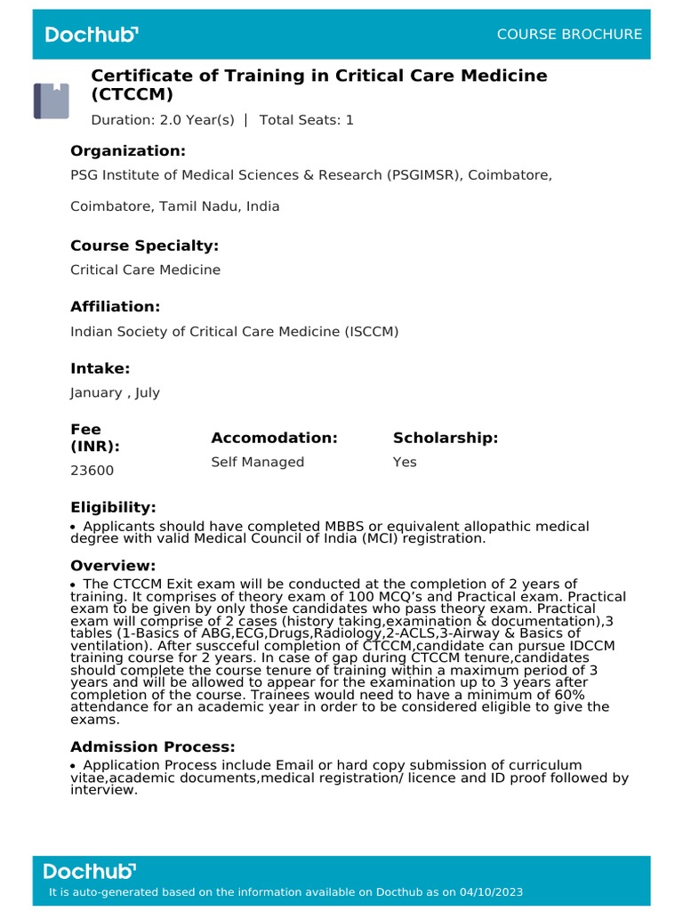 PSG - Certificate of Training in Critical Care Medicine | PDF