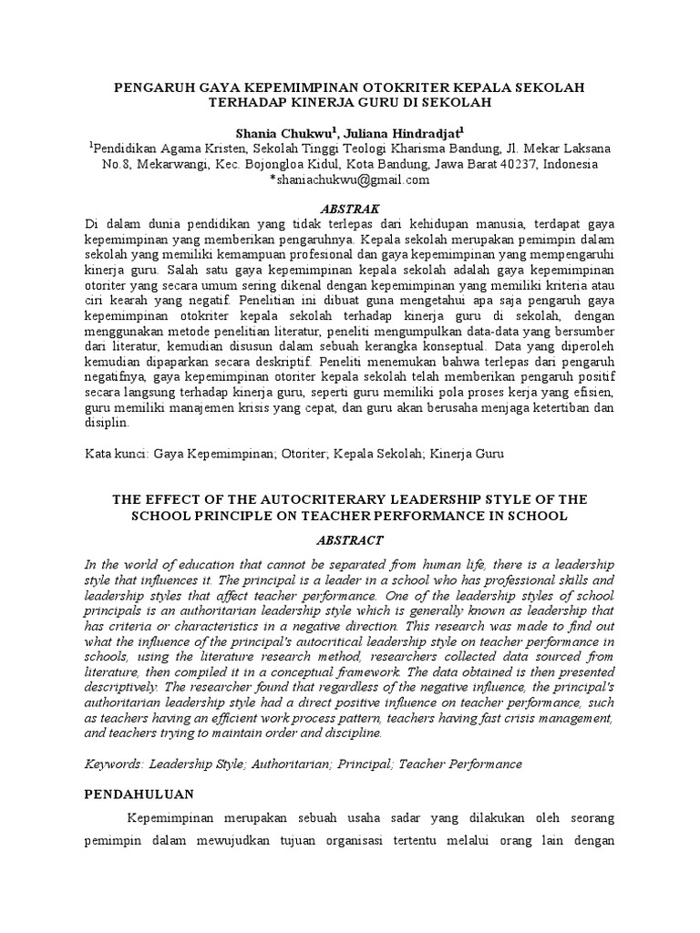 Jurnal Pengaruh Gaya Kepemimpinan Demokratis Kepala Sekolah Terhadap Kinerja Guru Dan Prestasi ...