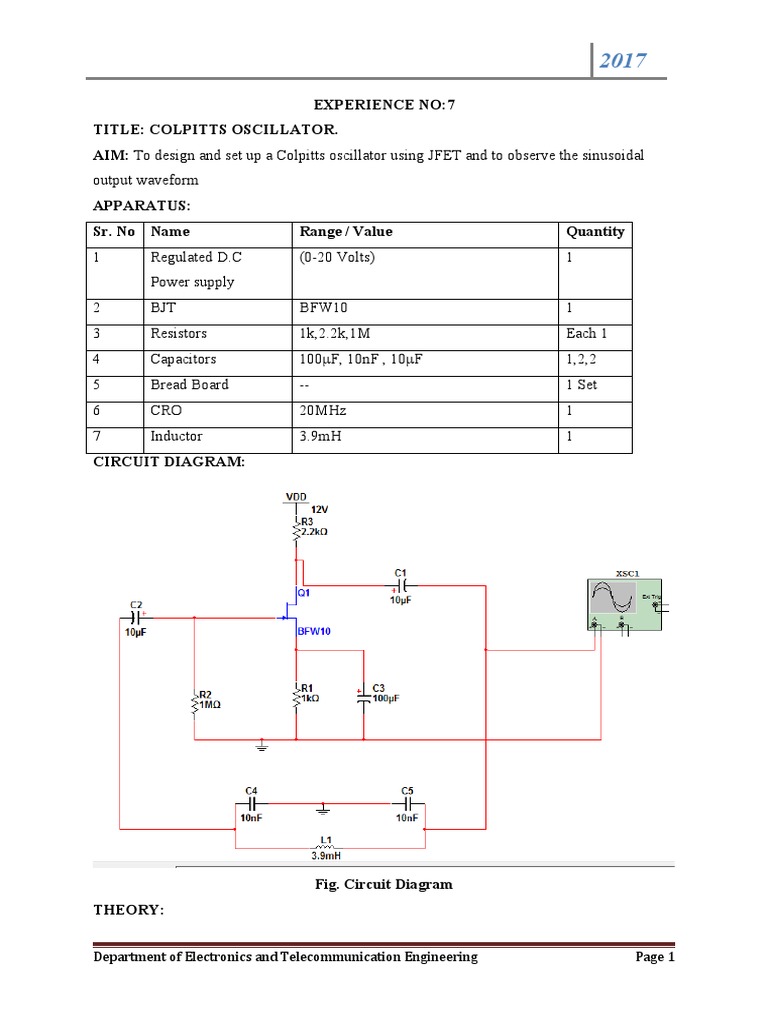 Colpitts Oscillator | PDF | Electronic Circuits | Electrical Engineering