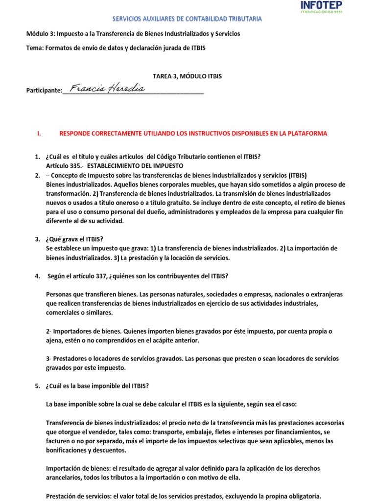 Actividad 3, ITBIS, 606, 607, 608 Módulo 3 ITBIS | PDF | Impuestos ...
