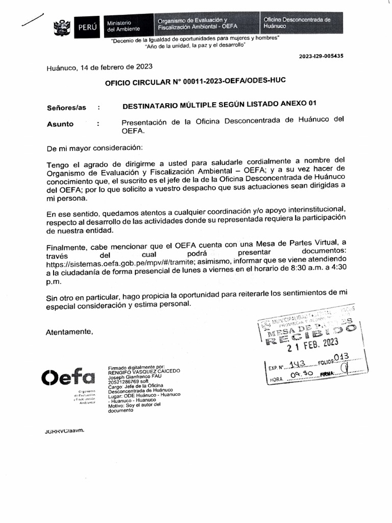 Oficio Circular N°00011-2023-Oefa-Odes-Huc | PDF Oficio Circular N°00011-2023-Oefa-Odes-Huc | PDF