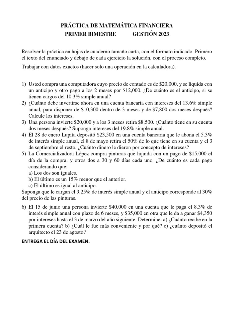 PRÁCTICA 1er Bim. MATE FIN | PDF