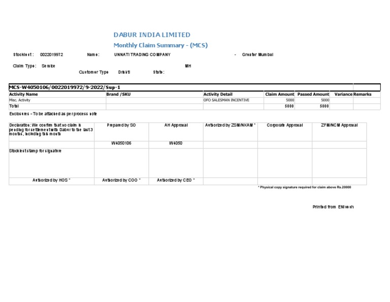 Dabur India Limited: Monthly Claim Summary - (MCS) | PDF | Finance ...