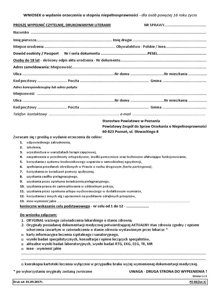 WNIOSEK o Wydanie Orzeczenia o Stopniu Niepełnosprawności - Dla Osób Powyżej 16 Roku Życia | PDF