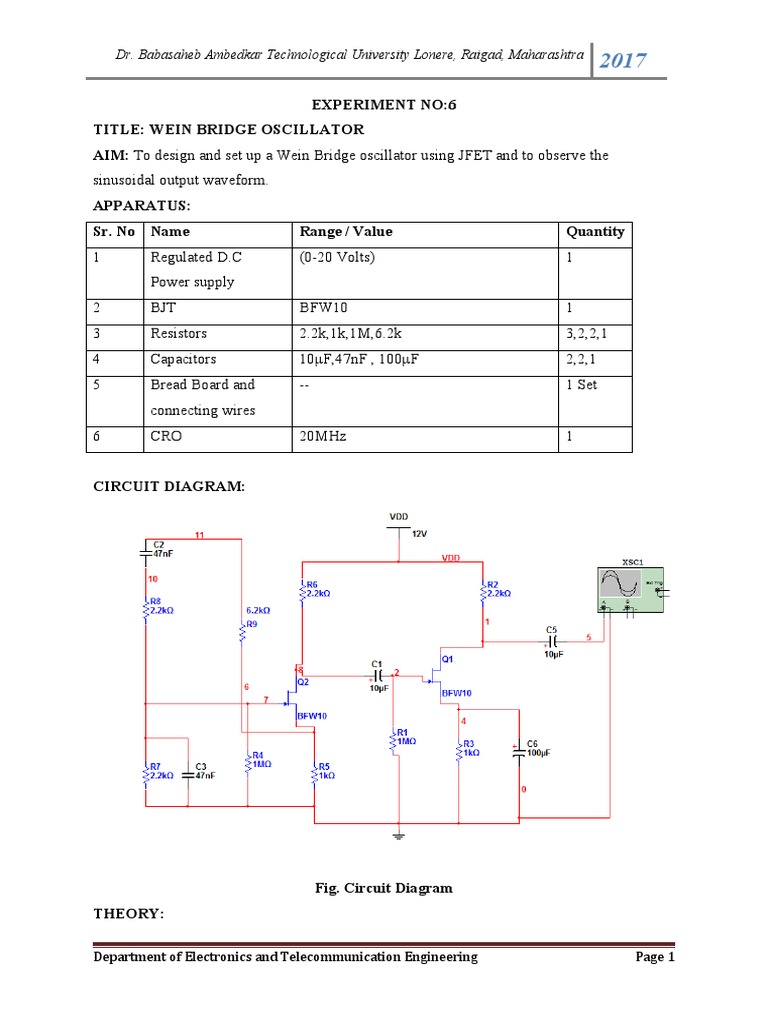 Wein Bridge Oscillator | PDF | Electronic Oscillator | Amplifier