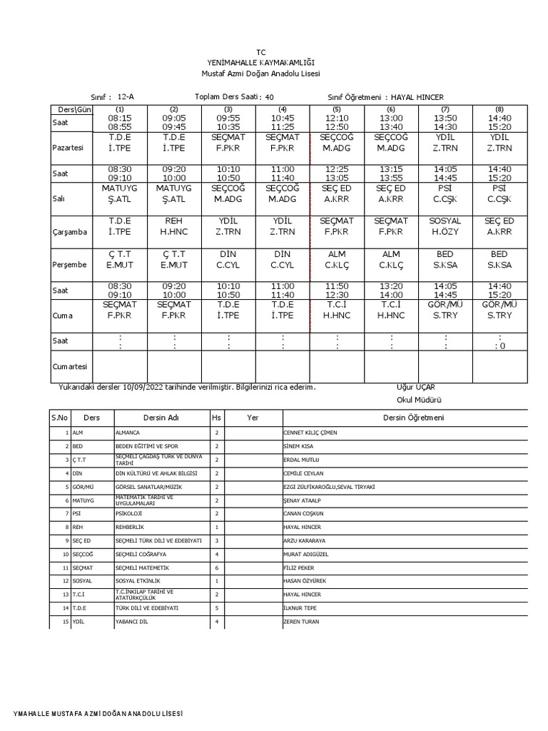12 Siniflarin Ders Programi | PDF