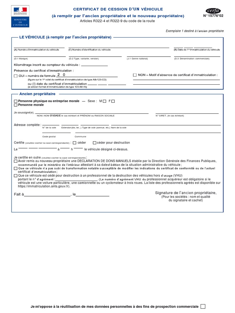 Declaration Cession Cerfa 15776 01 | PDF | Véhicules | Transport