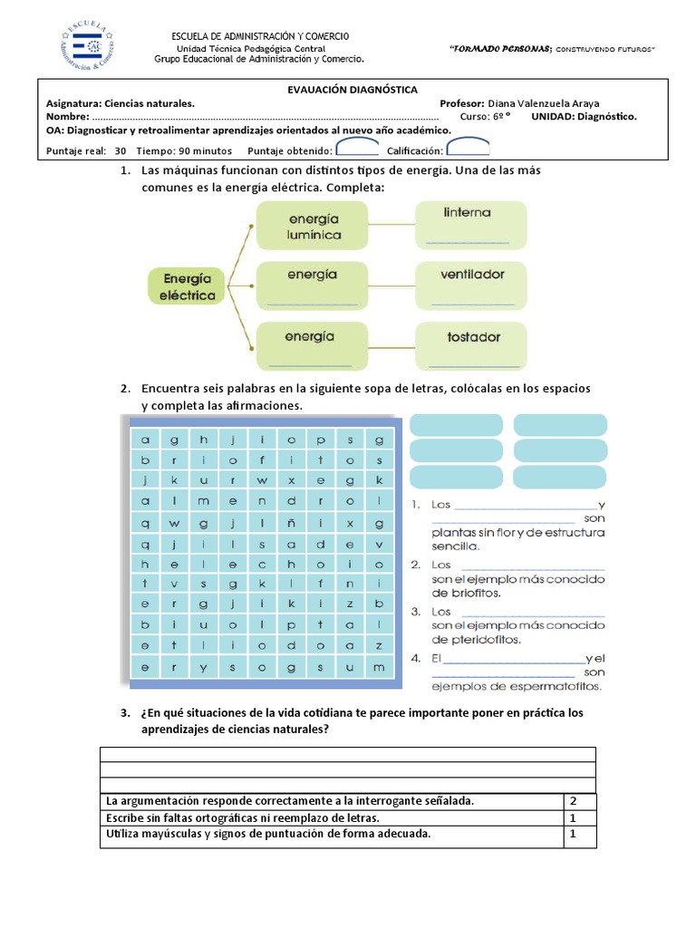 Evaluacion Diagnostica de 6to Primaria Nat | PDF