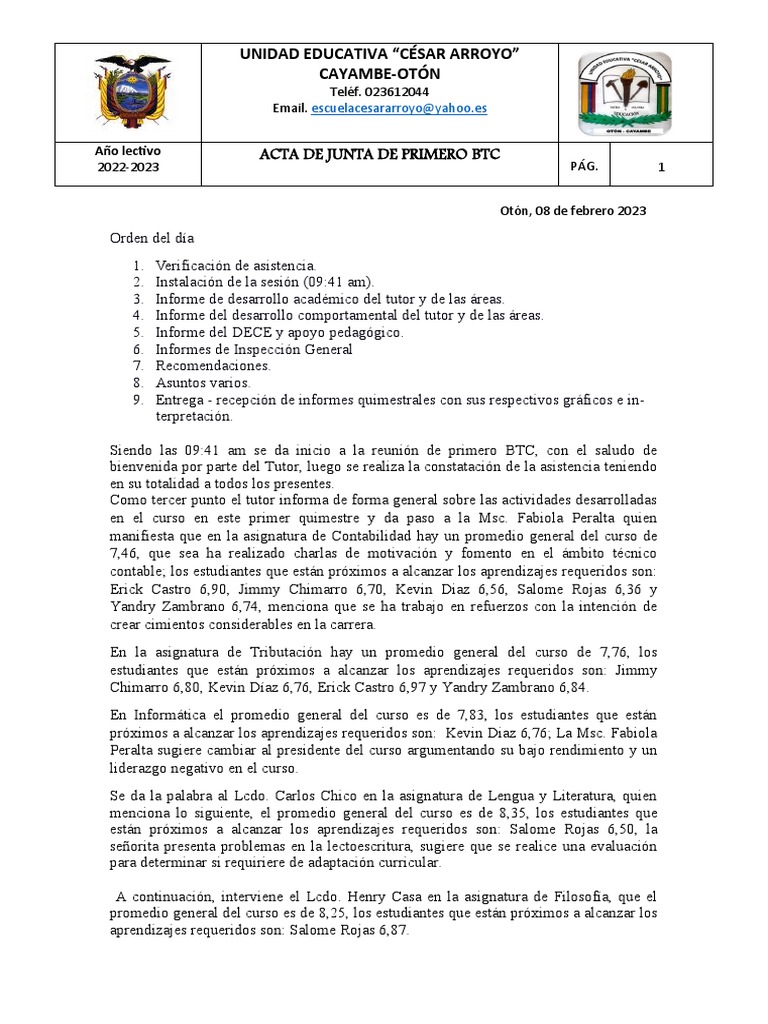 Acta de Junta de Curso Primero BTC | PDF