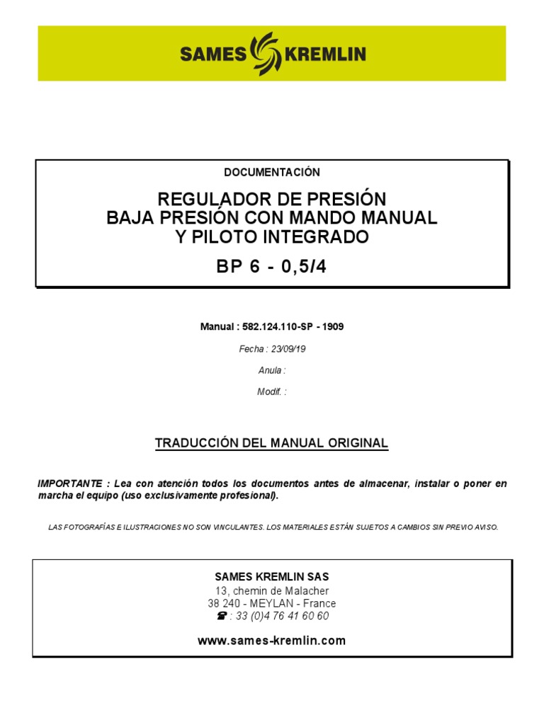 Regulador BP Pilotado Mando Manual Libro de Instrucciones Sames Kremlin ...