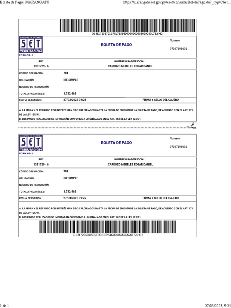 Boleta Pago Ire Simple Año 2022 Cardozo | PDF