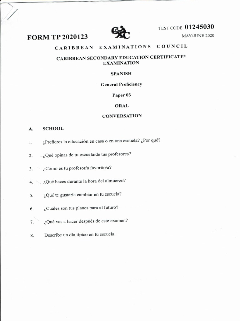 CXC CSEC 2020 SPANISH Conversation Questions | PDF