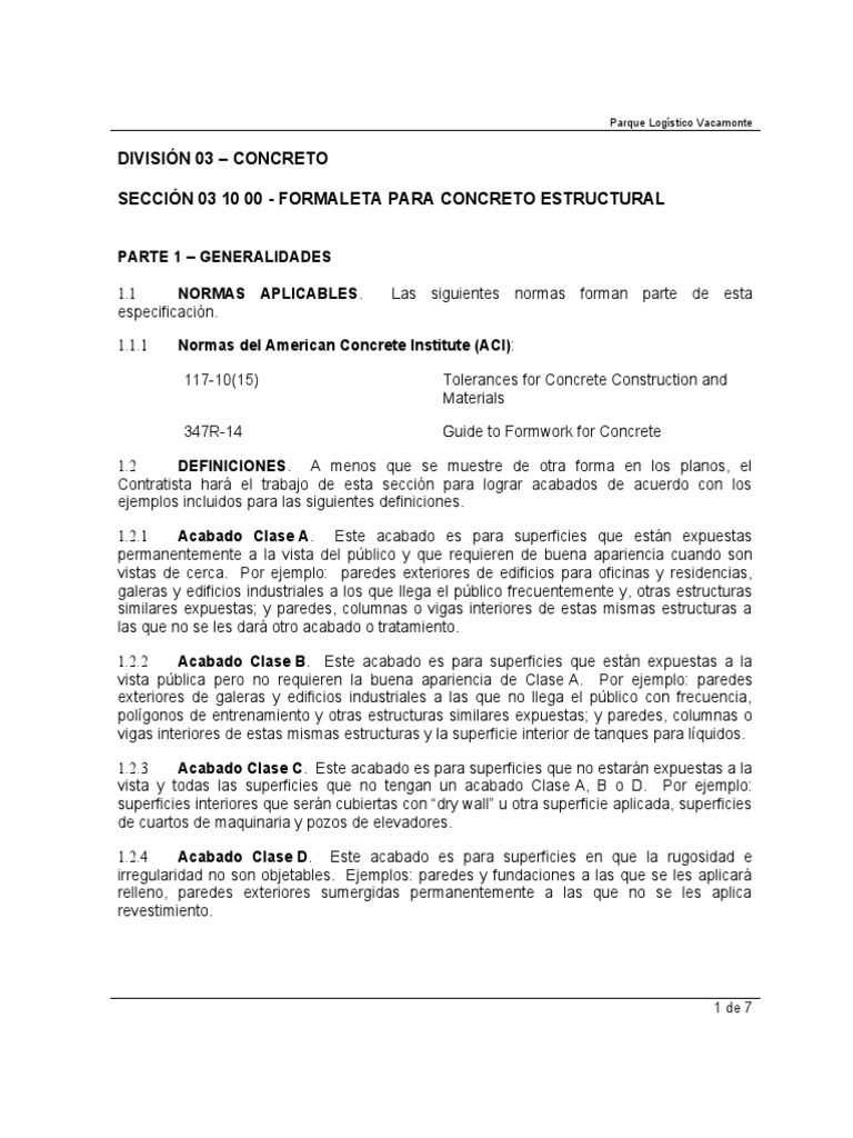 Sección 03 10 00 Formaleta para Concreto Estructural | PDF | Hormigón ...