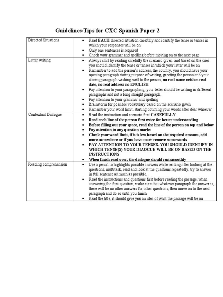 CXC Spanish Paper 2 Guidelines | PDF | Linguistics | Cognition