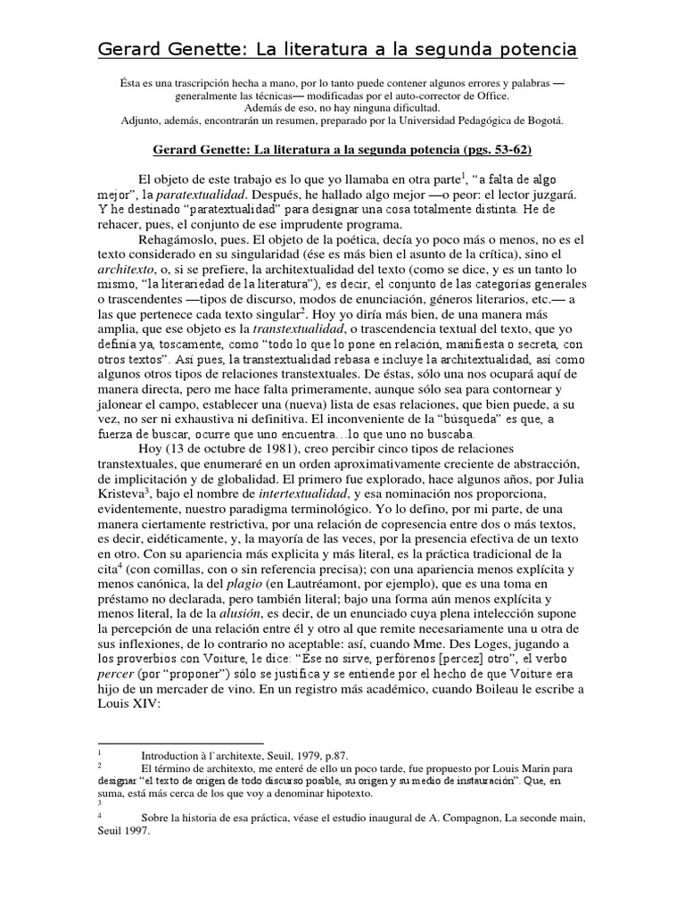 Genette - Transtextualidad | PDF | Intertextualidad