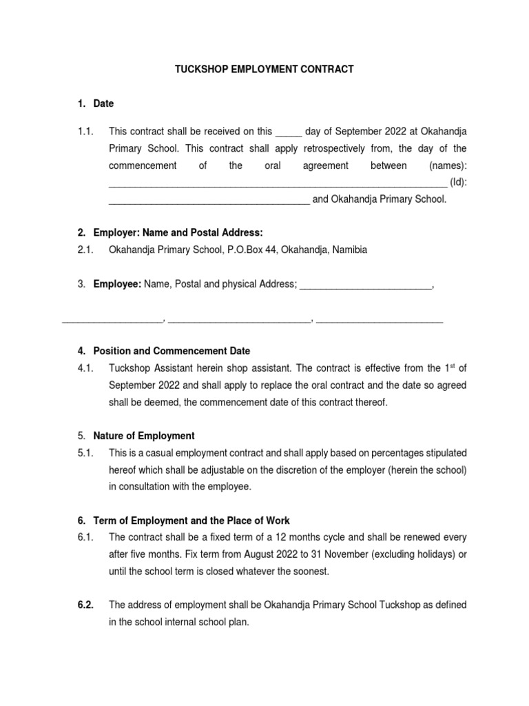 Tuckshop Assistant Employment Contract | PDF | Employment | Civil Law ...