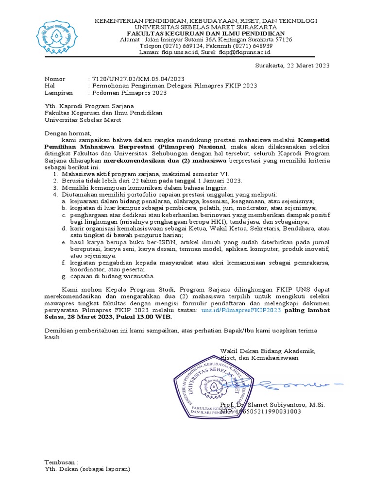 Surat - Pilmapres FKIP - 2023 | PDF