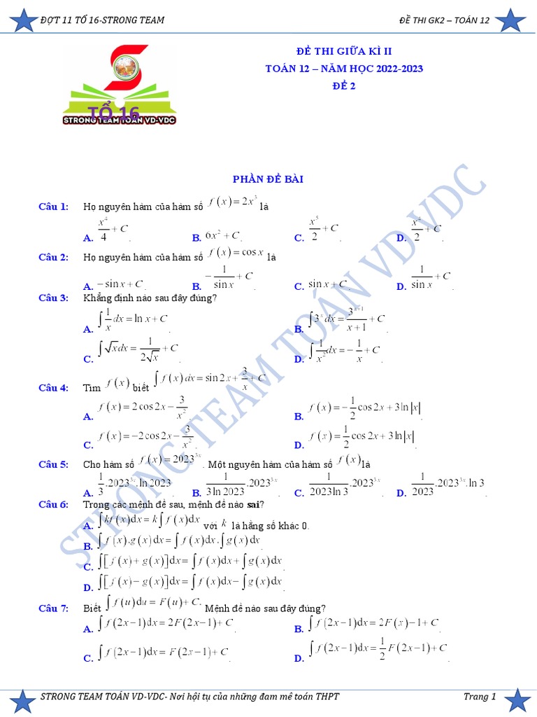 TỔ 16 ĐỢT 11 ĐỀ GK2 TOÁN 12 ĐỀ 2 | PDF