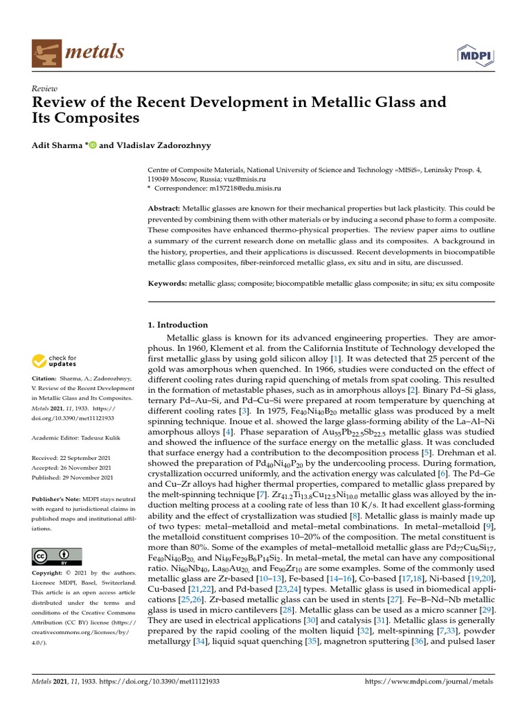 Metals: Review of The Recent Development in Metallic Glass and Its ...