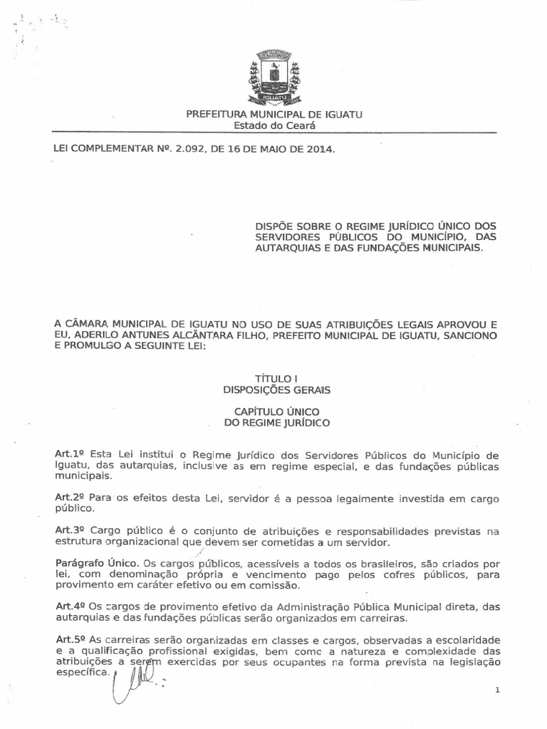 Lei Complementar Nº 2.092 de 16 de Maio de 2014 Novo Regime Jurídico Único Dos Servidores ...