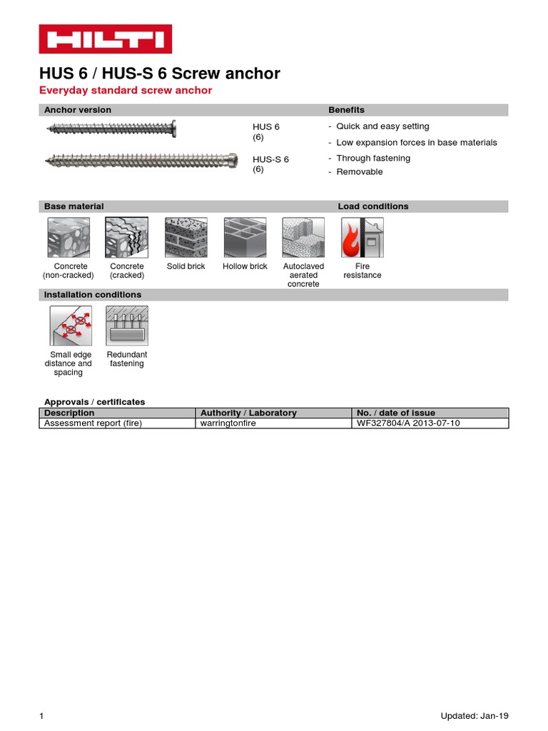 Technical Data Sheet For HUS 6 HUS S 6 Screw Anchor Technical Information ASSET DOC 8227442 ...