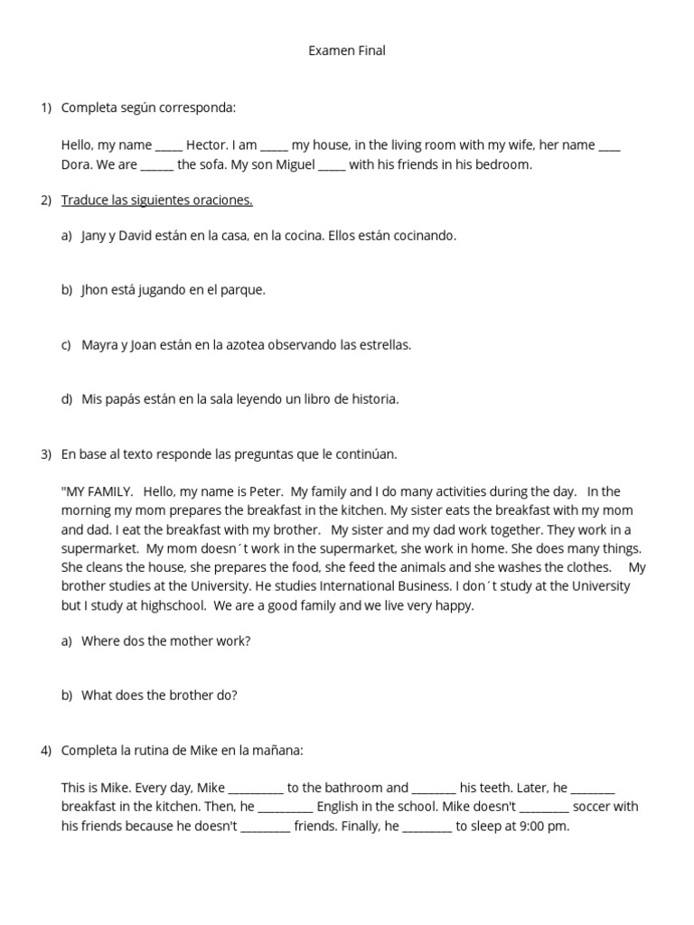 Final Exam: Comprehension Test of Descriptions of Family Members' Daily ...